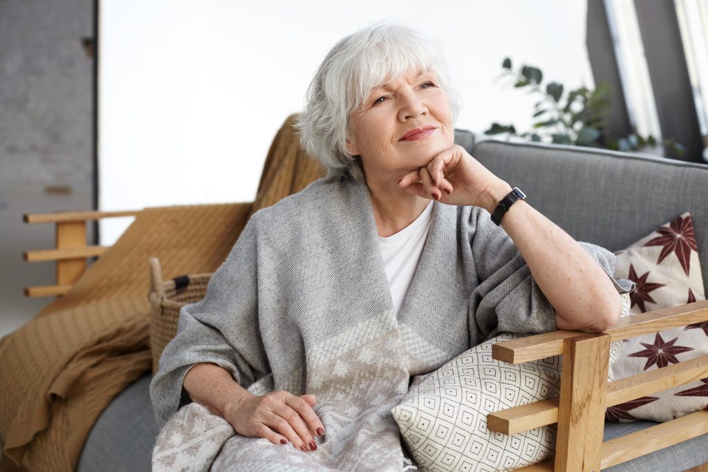 portrait-lovely-middle-aged-grey-haired-european-woman-with-dreamy ...